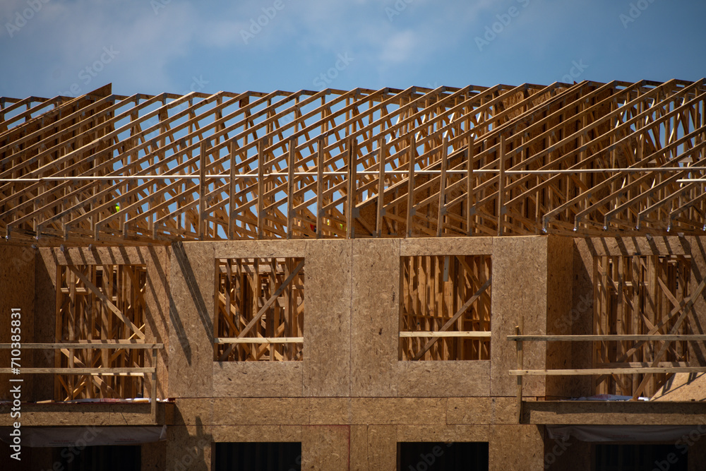 Roof building. Standard timber framed building with roof trusses. Roof ...