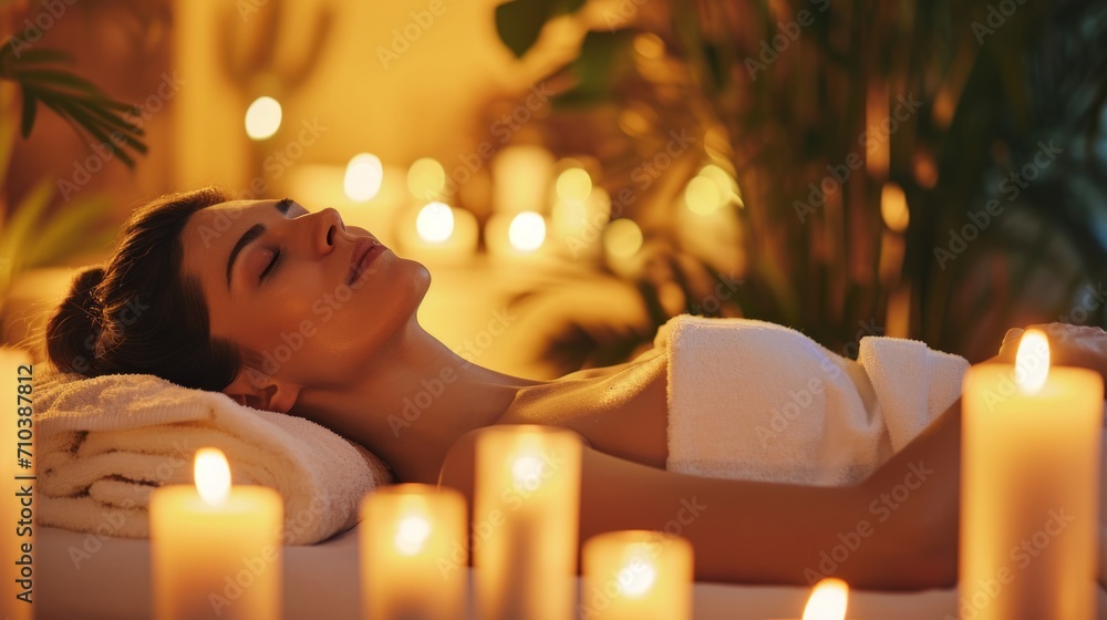 beautiful young woman relaxing at a massage parlor or spa. Lying on a ...