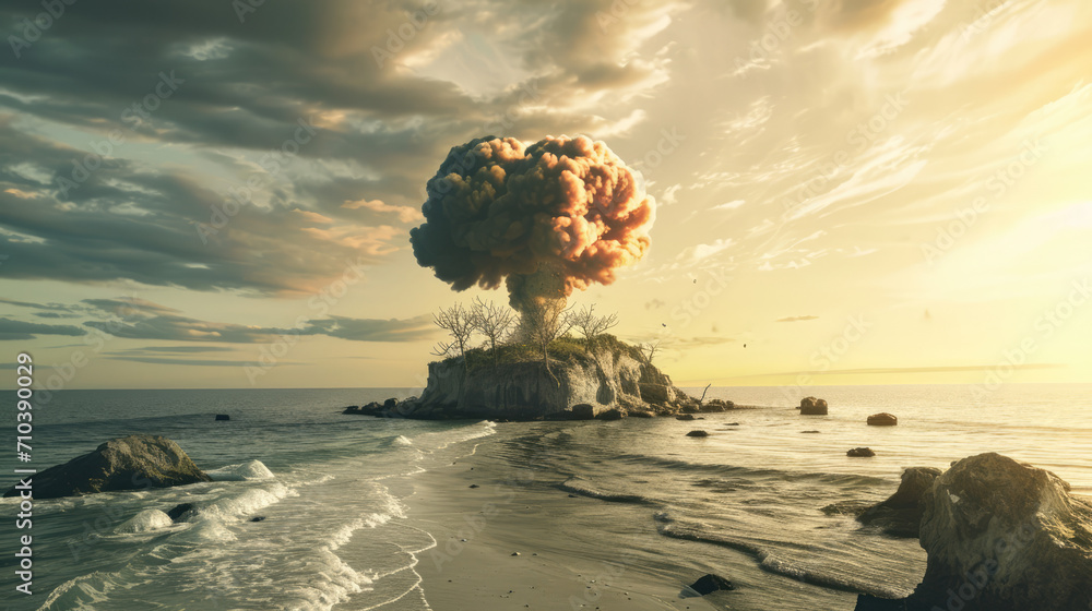 Dramatic atomic bomb explosion over a small island at sea during sunset ...
