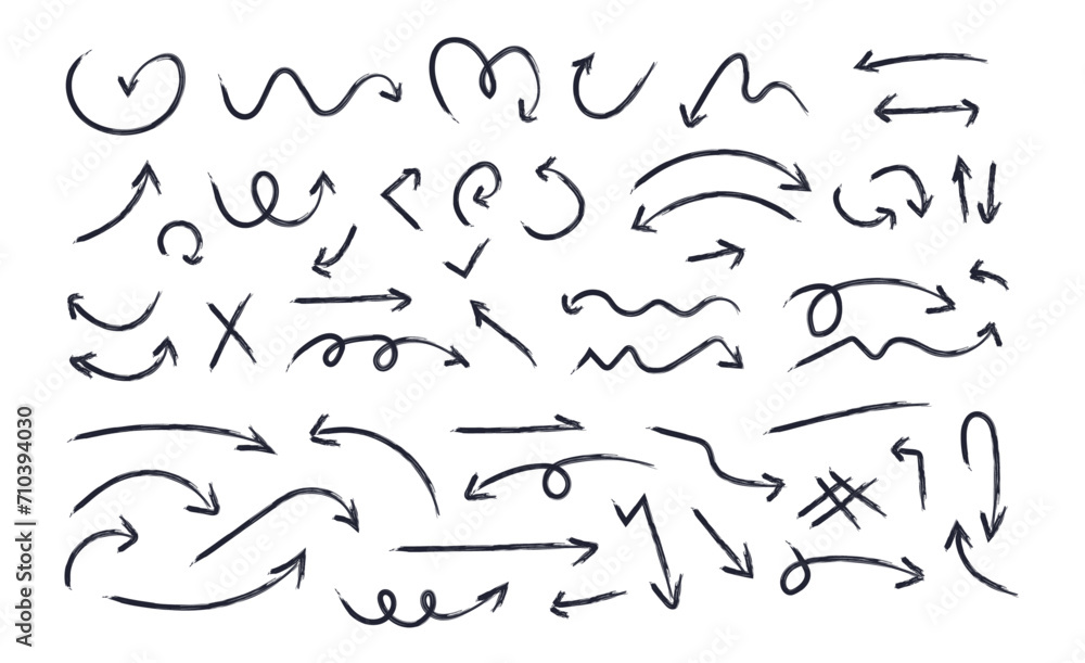 Charcoal arrows and hand drawn curved arrows, freehand different lines ...