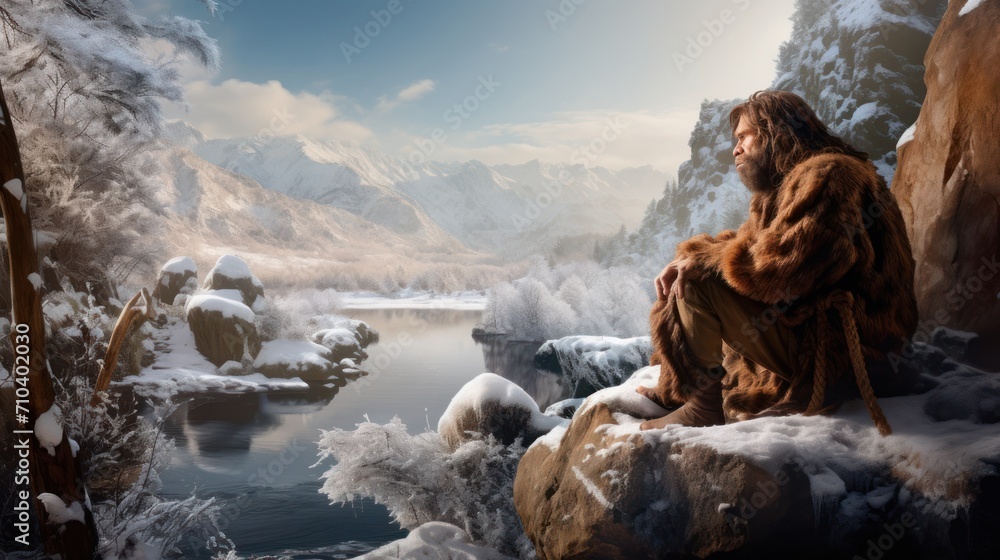 Neanderthal man, prehistoric human, tribal caveman in a dark cave ...