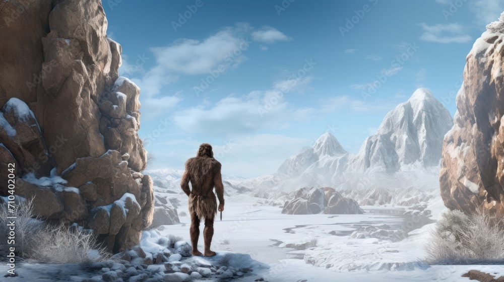 Neanderthal man, prehistoric human, tribal caveman in a dark cave ...