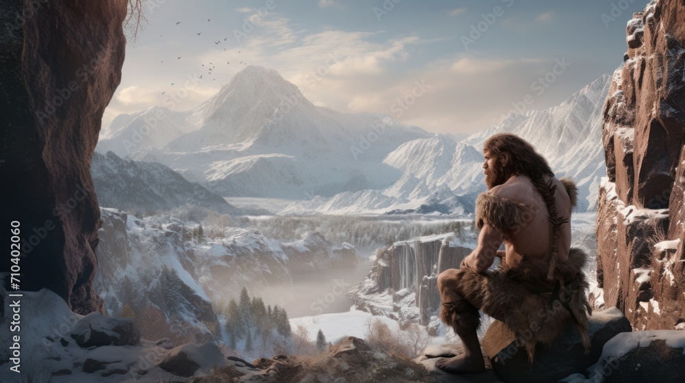 Neanderthal man, prehistoric human, tribal caveman in a dark cave ...