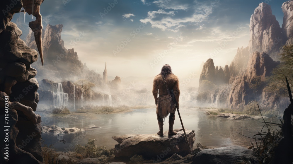 Neanderthal man, prehistoric human, tribal caveman in a dark cave ...