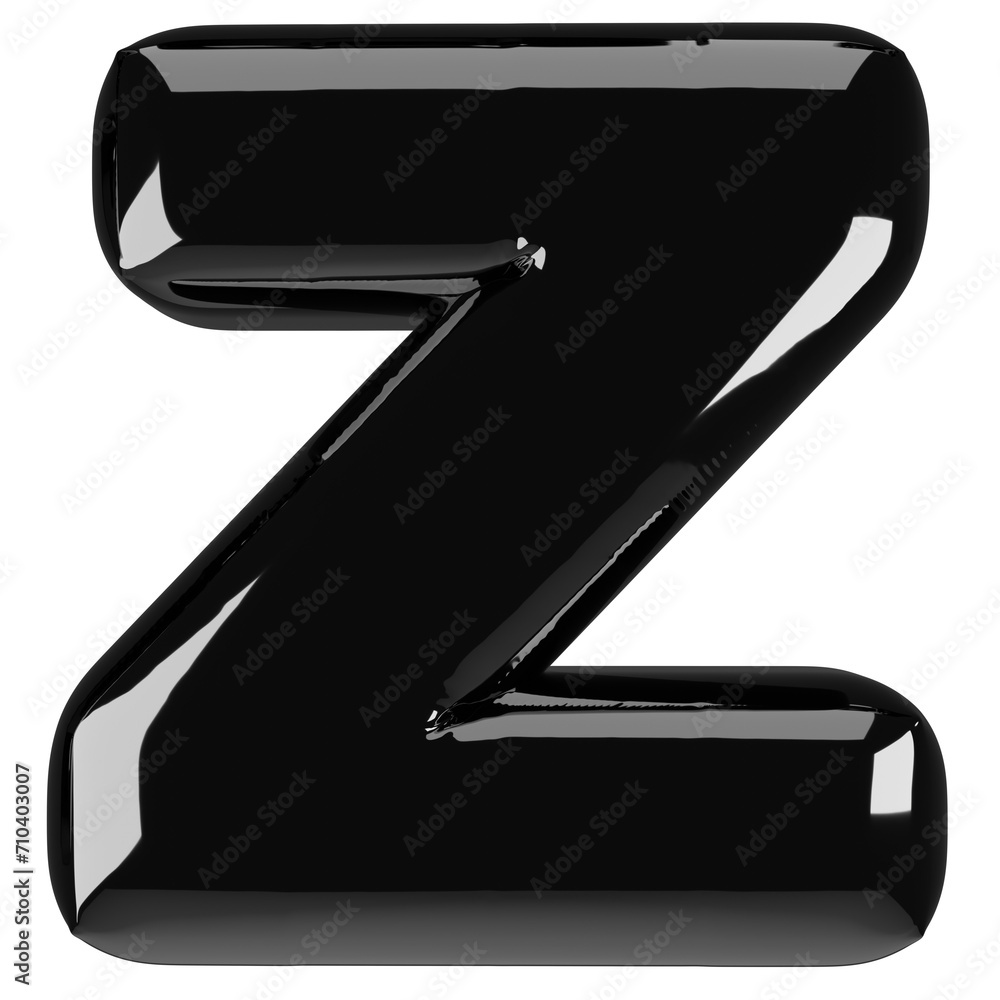 Inflated glossy black letter Z uppercase illustration. 3D render of ...
