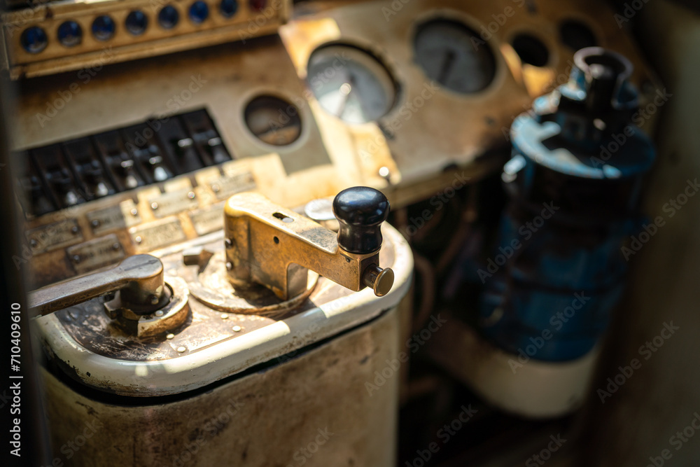 An ancient mechanical train accelerator handle pedal in the driver ...