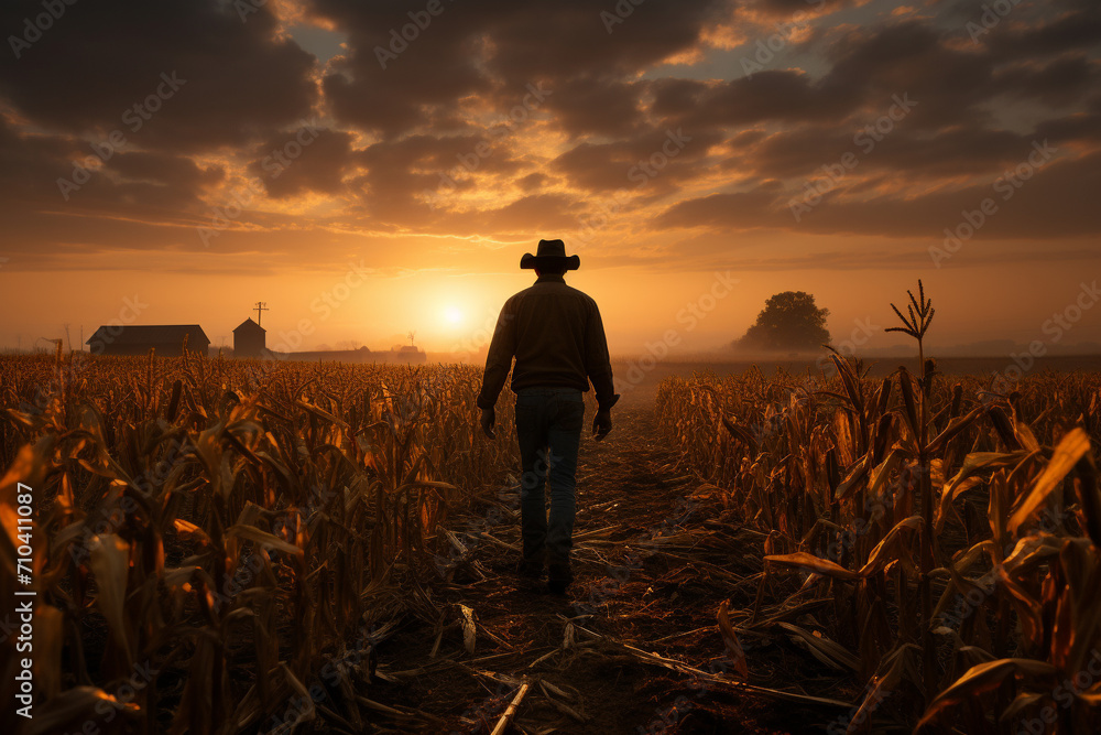 Farmer walking through corn field at dawn, grain silo in the distance ...
