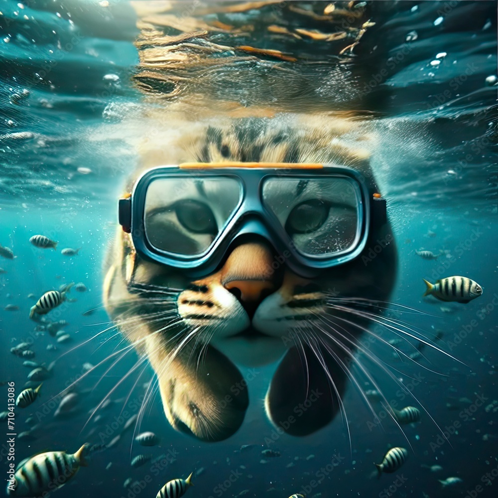 Cat on vacation relaxing chilling doing Scuba Diving Snorkeling wearing ...