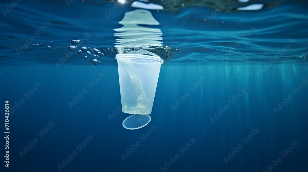 plastic cup floating underwater in the ocean sea pollution by garbage ...