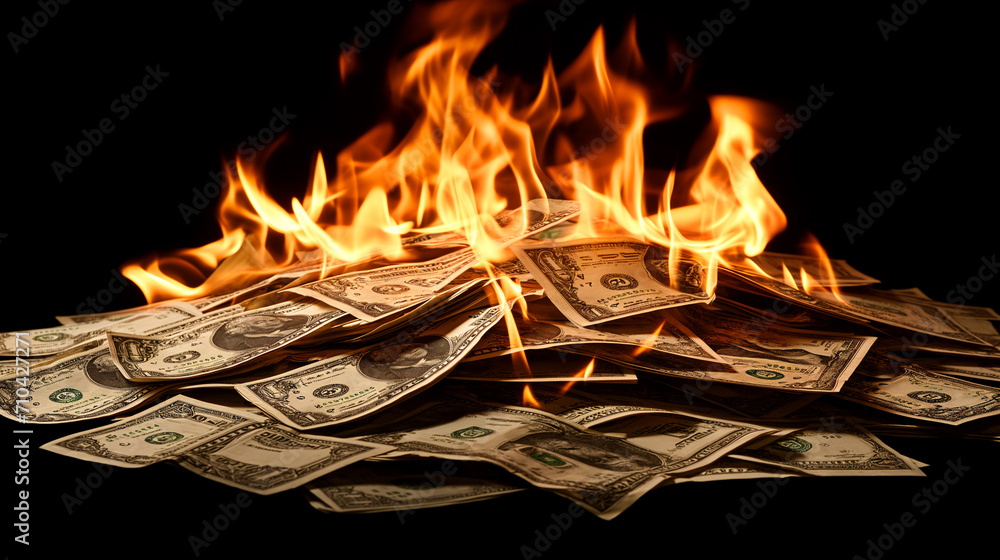 Dollar bills pile burning in close-up over black background, Burning ...