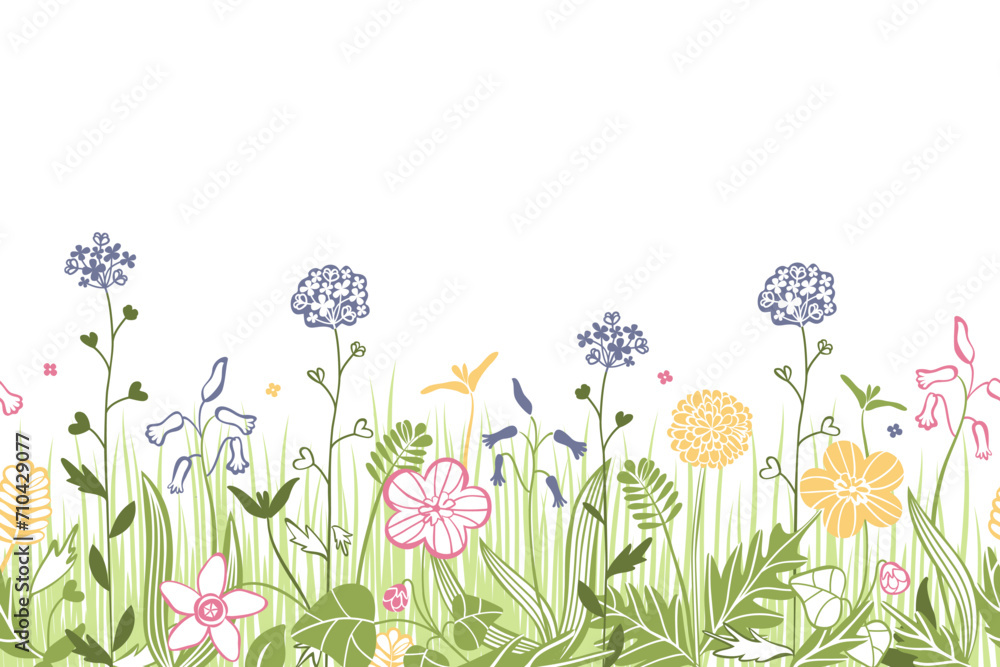 Cute spring flowers and grass illustration on white background. Can use ...