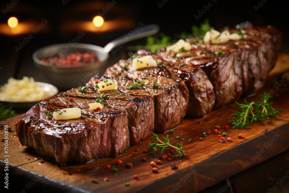 Perfectly cooked medium rare sirloin steak with garlic butter foto de ...