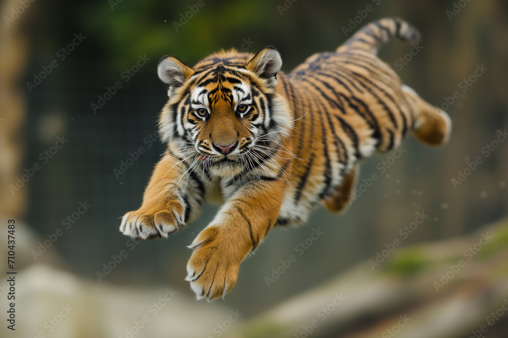 Bengal Tiger Jumping. Tiger in a jump with an open mouth and sharp ...