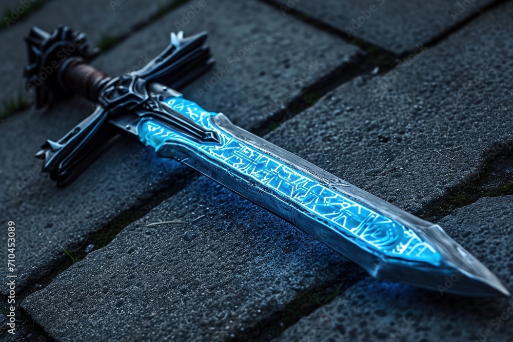 A mystical blade forged from gleaming steel, etched with luminous ...