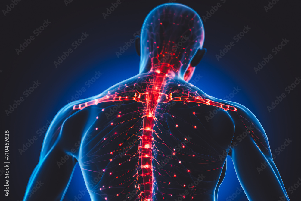 Acute pain in a different body parts, colored in red on dark blue ...