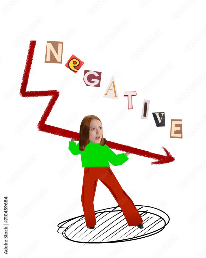 Negative statistics. Young woman holing financial arrow, working with ...