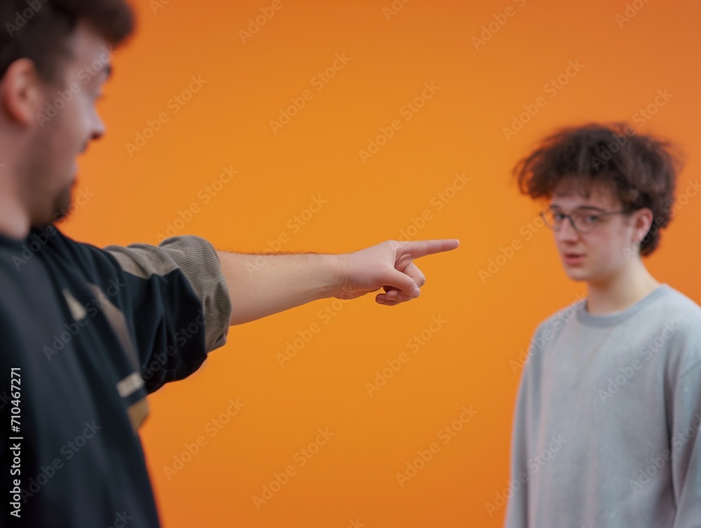A man is pointing at a boy with glasses using his hand and index finger ...