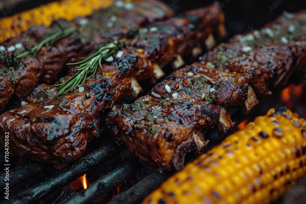 Gaucho cooking the meat on the fire, making the barbecue on the coals ...