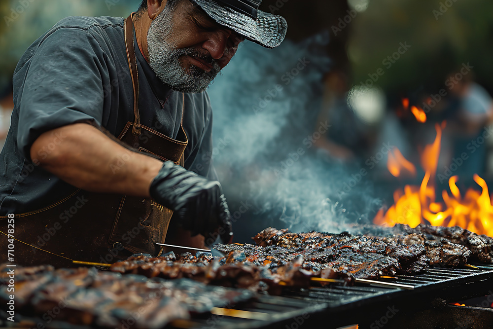 Gaucho cooking the meat on the fire, making the barbecue on the coals ...