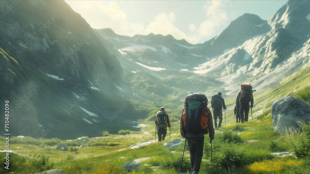 Hikers trekking and walking through a beautiful mountain range showing ...