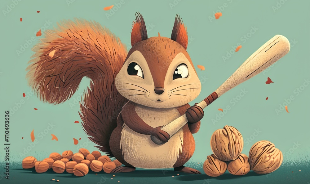 cartoon illustration of a squirrel holding a baseball bat over a nut ...