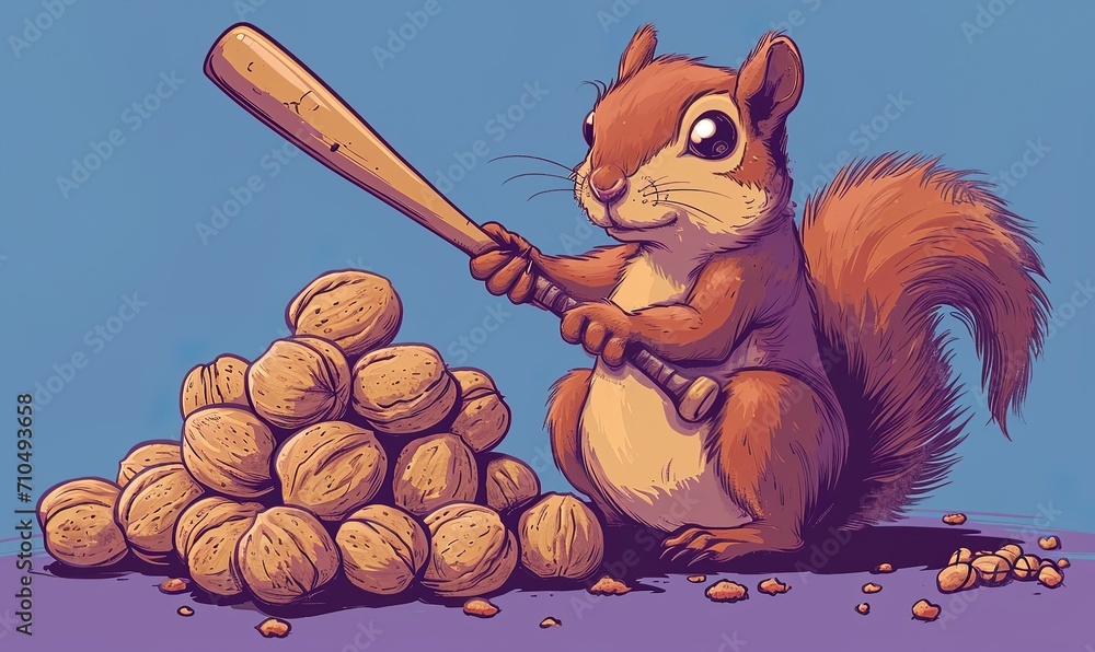 cartoon illustration of a squirrel holding a baseball bat over a nut ...