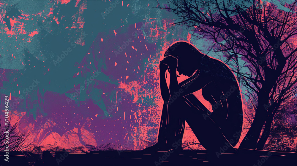 An illustration of a depressed woman. A silhouette of a sad woman ...