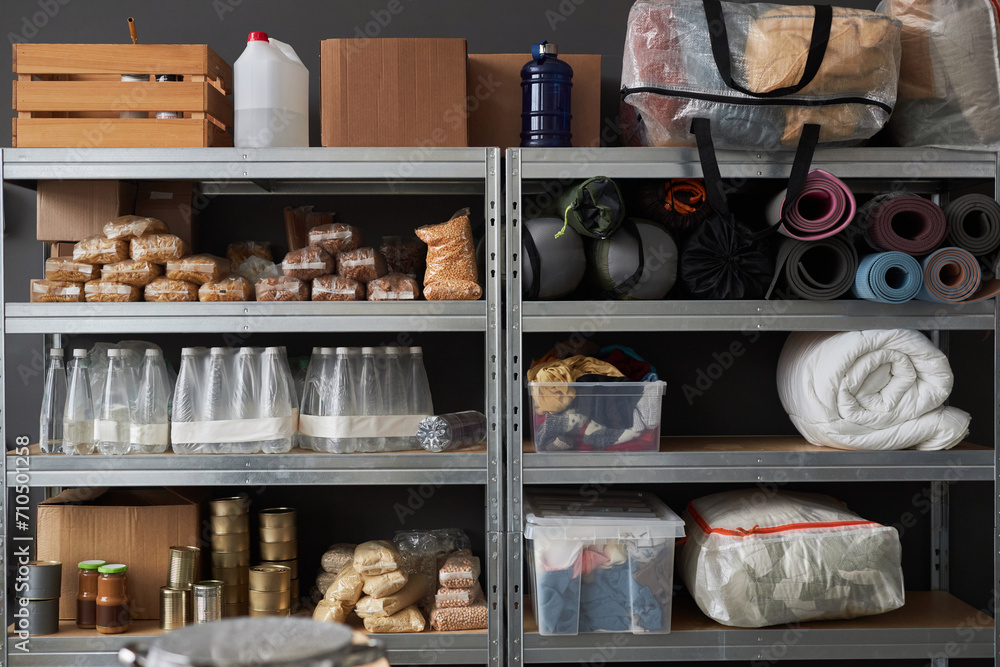 Graphic background image of stacked shelves with food and supplies in ...