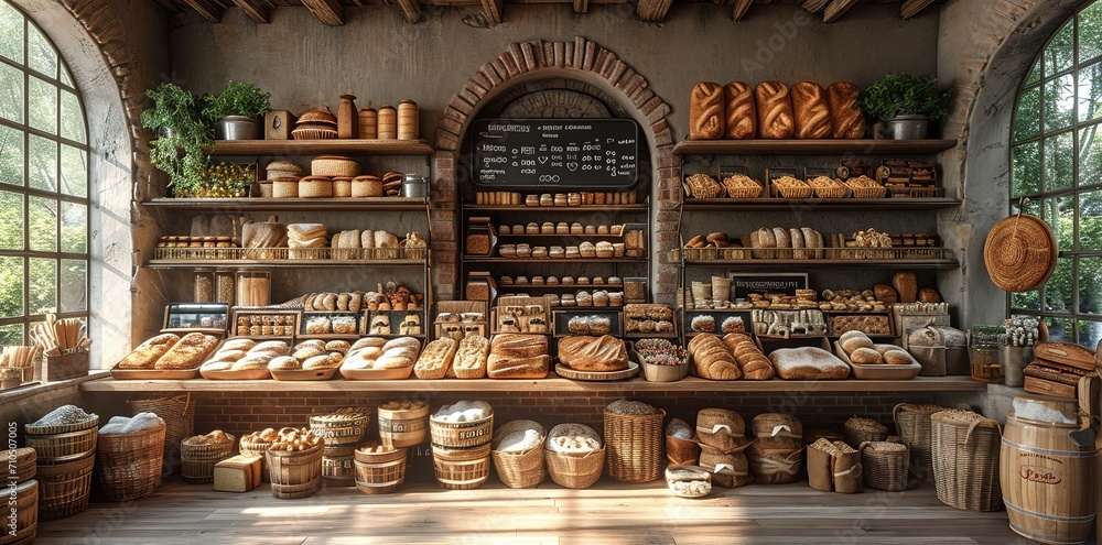 a bakery with shelves of bread and various types of baked goods, in the ...