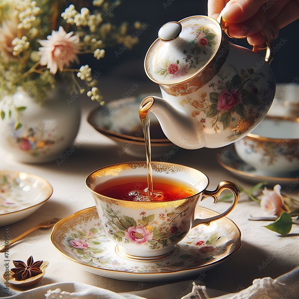 Tea being poured into an elegant porcelain teacup with a floral design ...