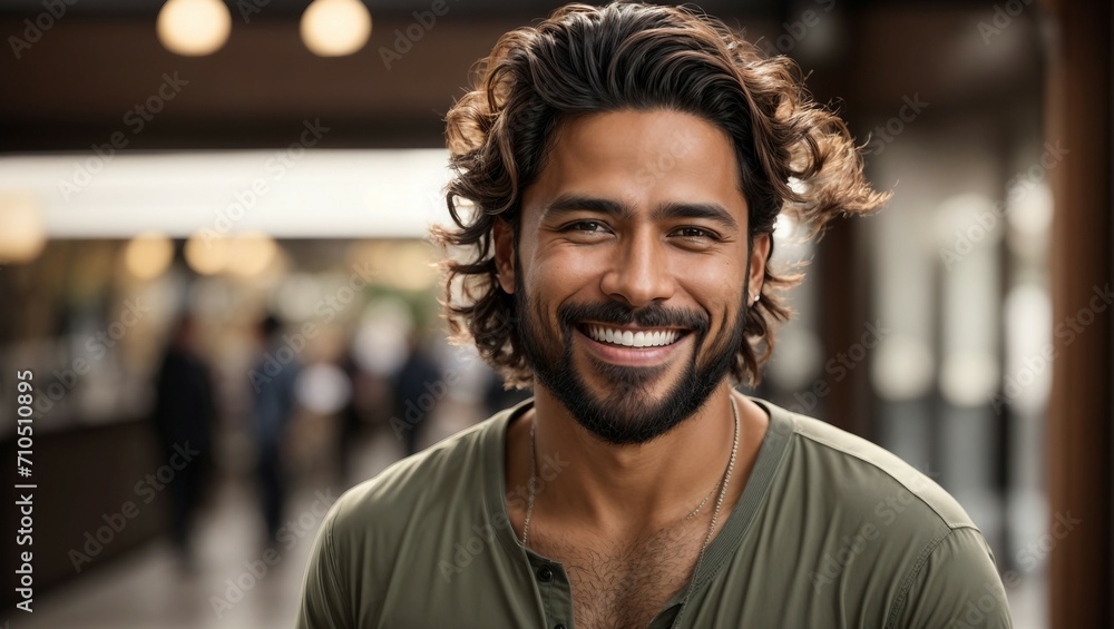 A closeup photo portrait capturing a handsome Latino man with a bright ...