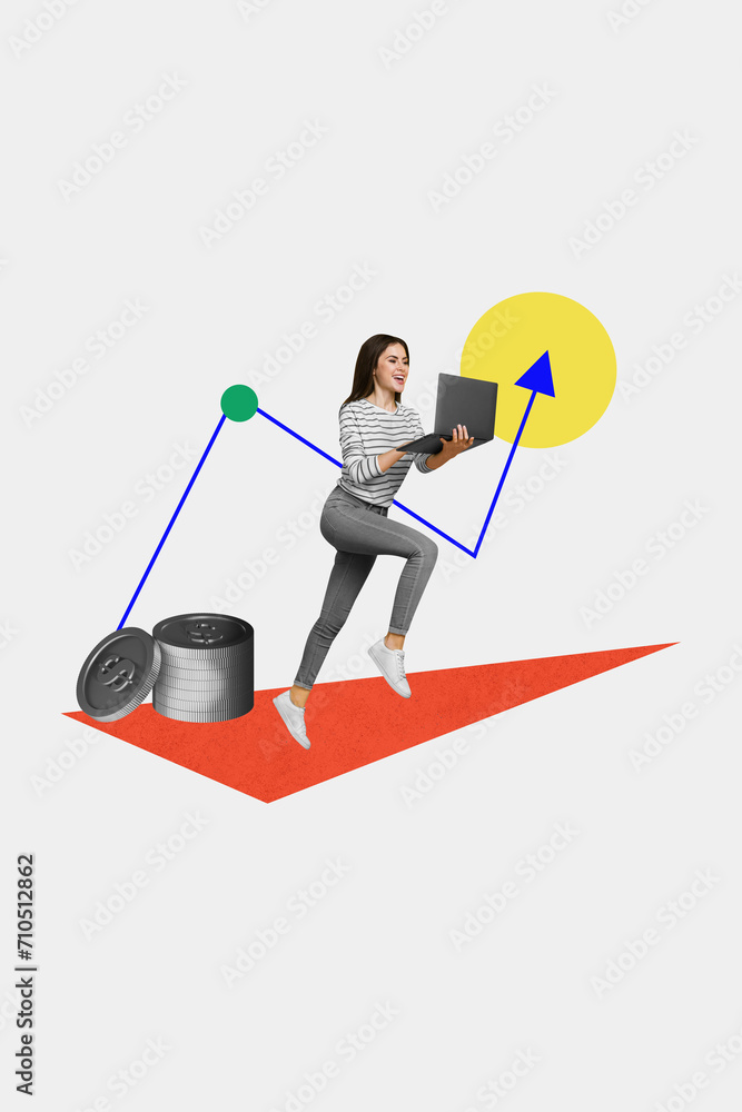 Vertical Collage Picture Of Excited Black White Colors Girl Use Laptop