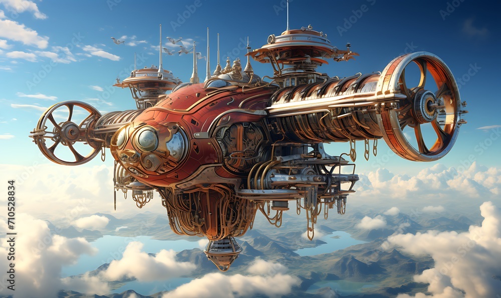 Digital illustration of steampunk flying machine in the sky with wheels ...