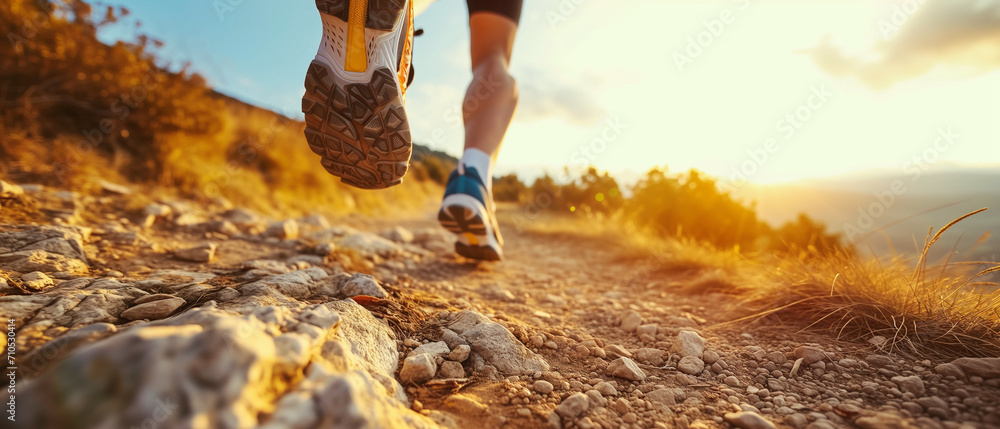 Endurance in Motion: Dynamic Perspective of a Runner's Feet on a Rugged ...
