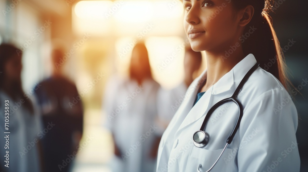 Close-up cropped photo of a female doctor wearing white uniforms and ...