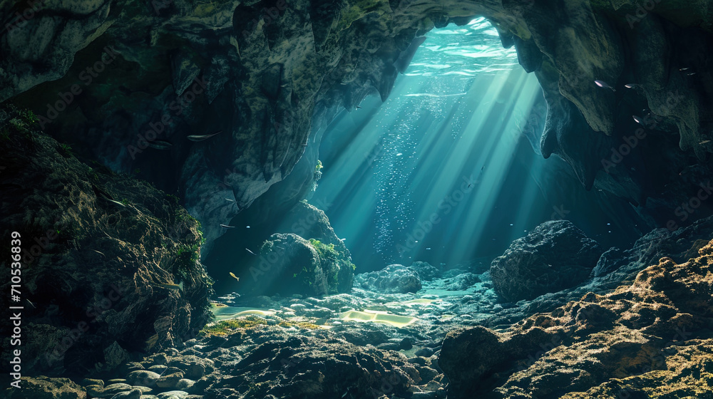 Underwater grotto with caralles creating mysterious light effects Stock ...