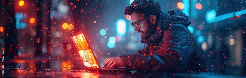 cyber man using his laptop with lights and visuals, in the style of ...
