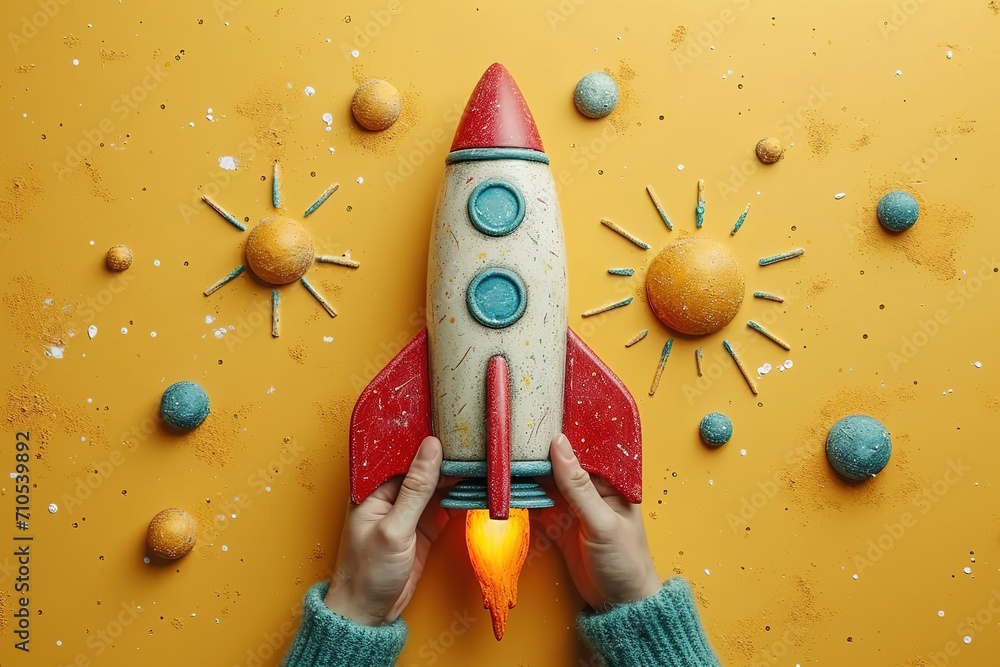 hand drawing a rocket on yellow background, in the style of personal ...