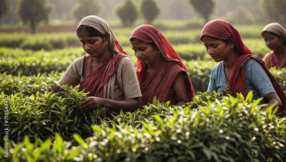 In the tea plantations of India, women and men gather large tea leaves ...