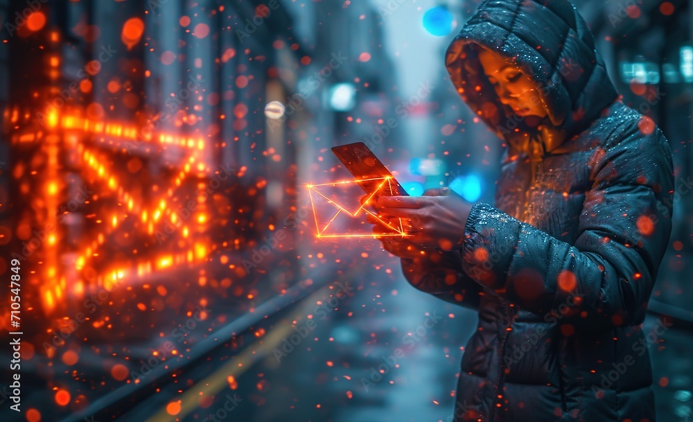 man using a smart phone with an email icon on it, in the style of light ...