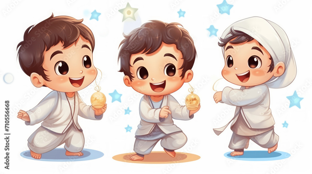 watercolor painting style illustration of Muslim kids in traditional ...