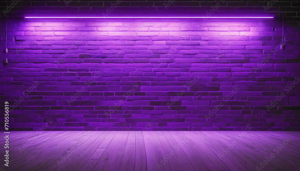 Purple neon light illuminating empty brick wall with copy space ...