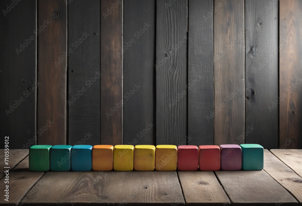 Assorted wooden blocks on vintage table with light and shadows ...