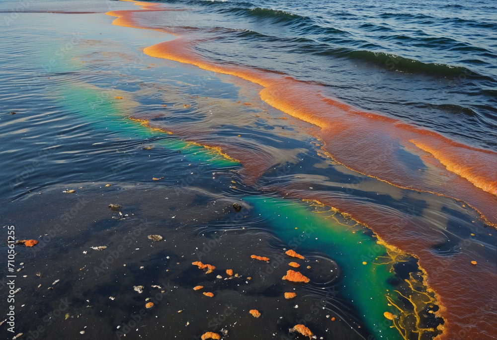 Leaked oil creates rainbow layer on surface. Water pollution impacting ...
