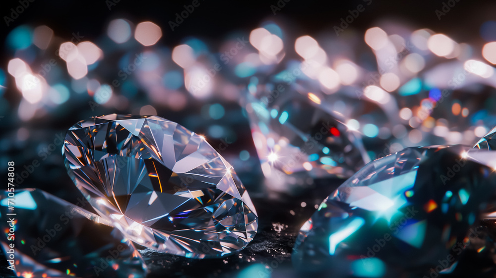 Brilliantly cut diamonds in close-up, sparkling with a mesmerizing play ...