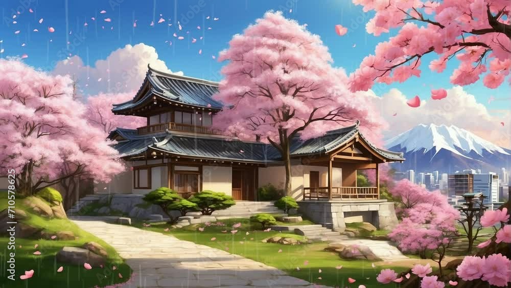 Japanese house in spring. Scattered cherry blossoms. Cartoon and anime ...