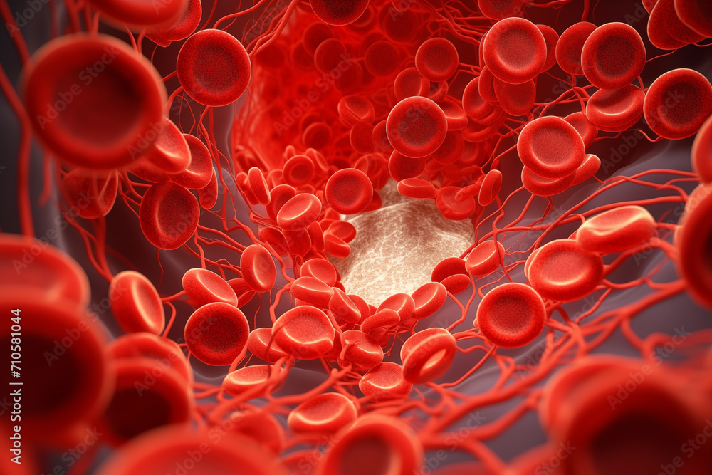 Abstract background of artery inside red blood hemoglobin molecule ...
