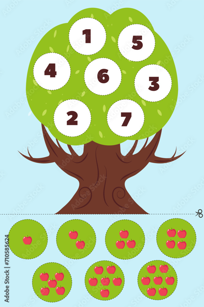 Math game for kids. Cut and stick. Count the number of apples on a tree ...