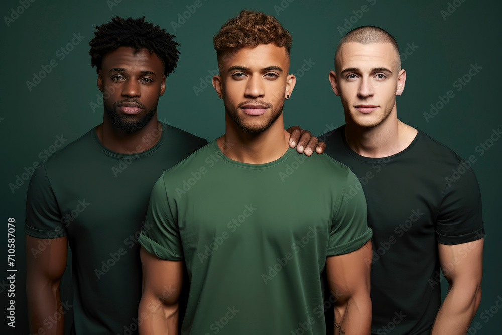 Group of men from different countries and cultures. Stylish handsome young guys on dark green ...