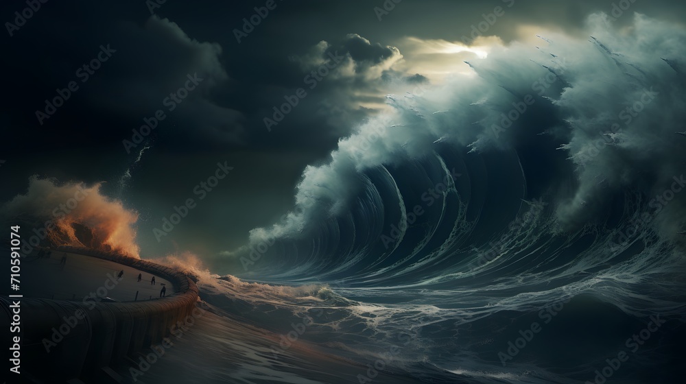 Apocalyptic dramatic background, giant tsunami waves, dark stormy sky ...